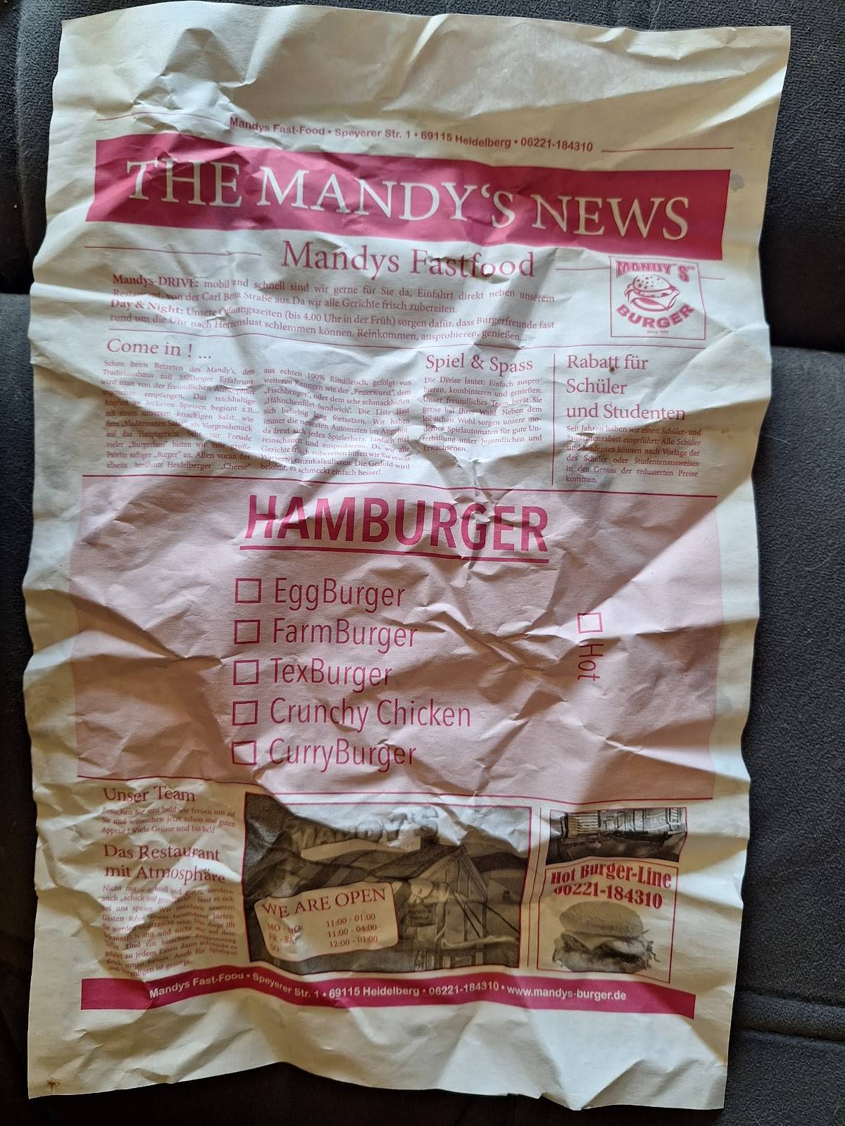 Speisekarte von Mandys Burger fast Food, Heidelberg