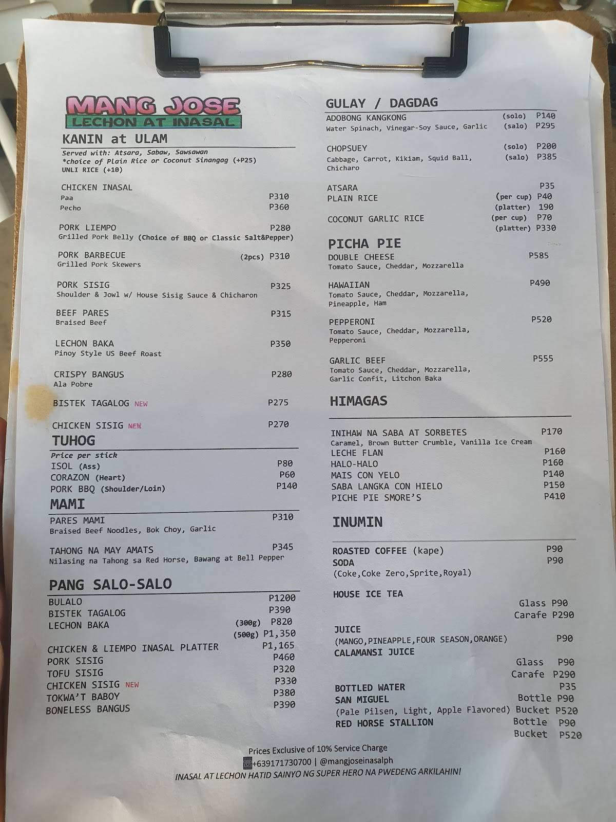 Menu at Mang Jose lechon at inasal restaurant, Tagaytay