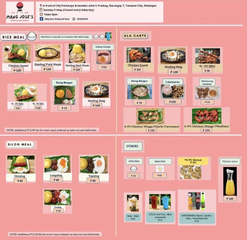 Menu at Mang Jose’s Sizzling and Inasal restaurant, Tanauan
