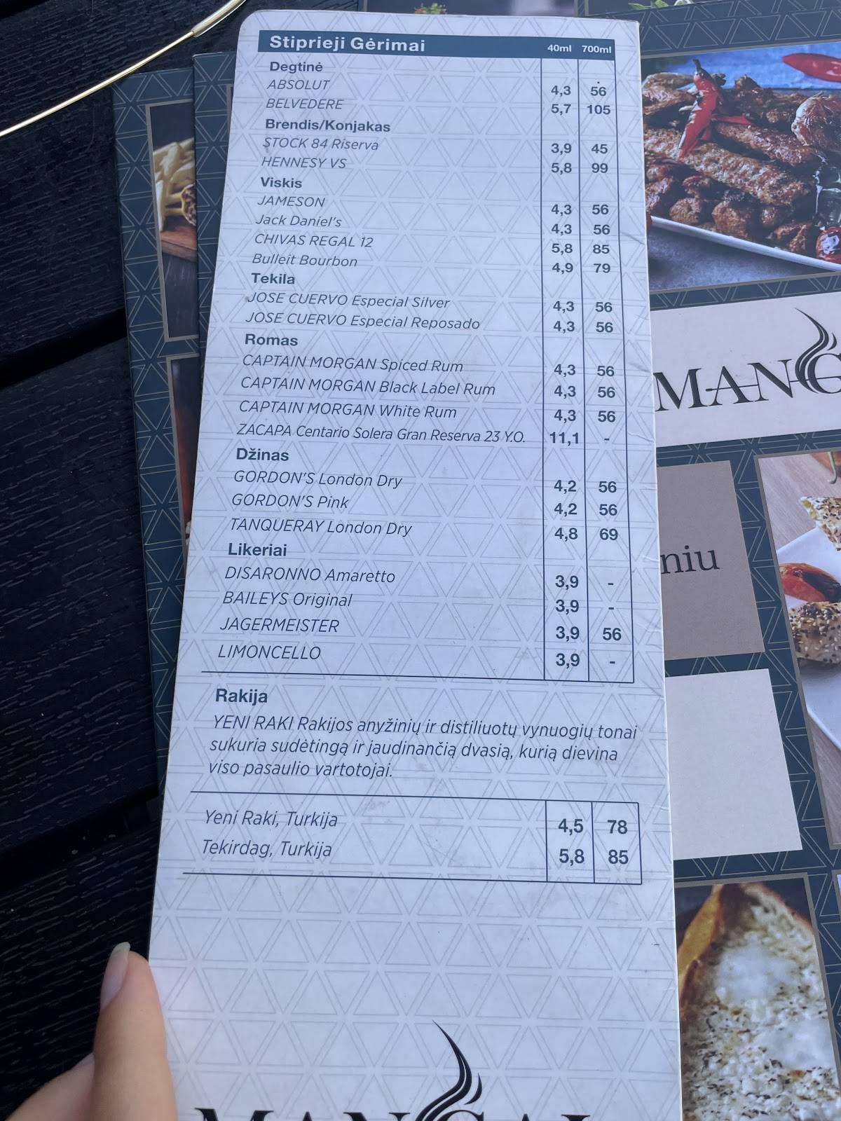 Menu at Mangal restaurant, Kaunas