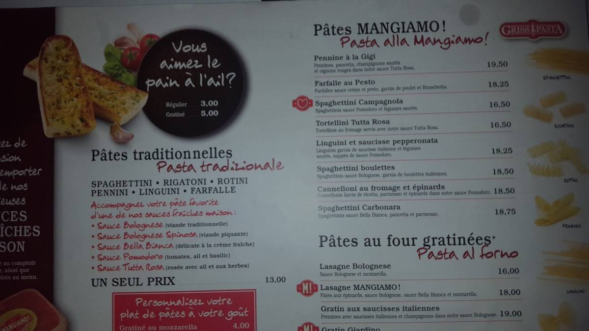 Menu au Mangiamo restaurant, Terrebonne