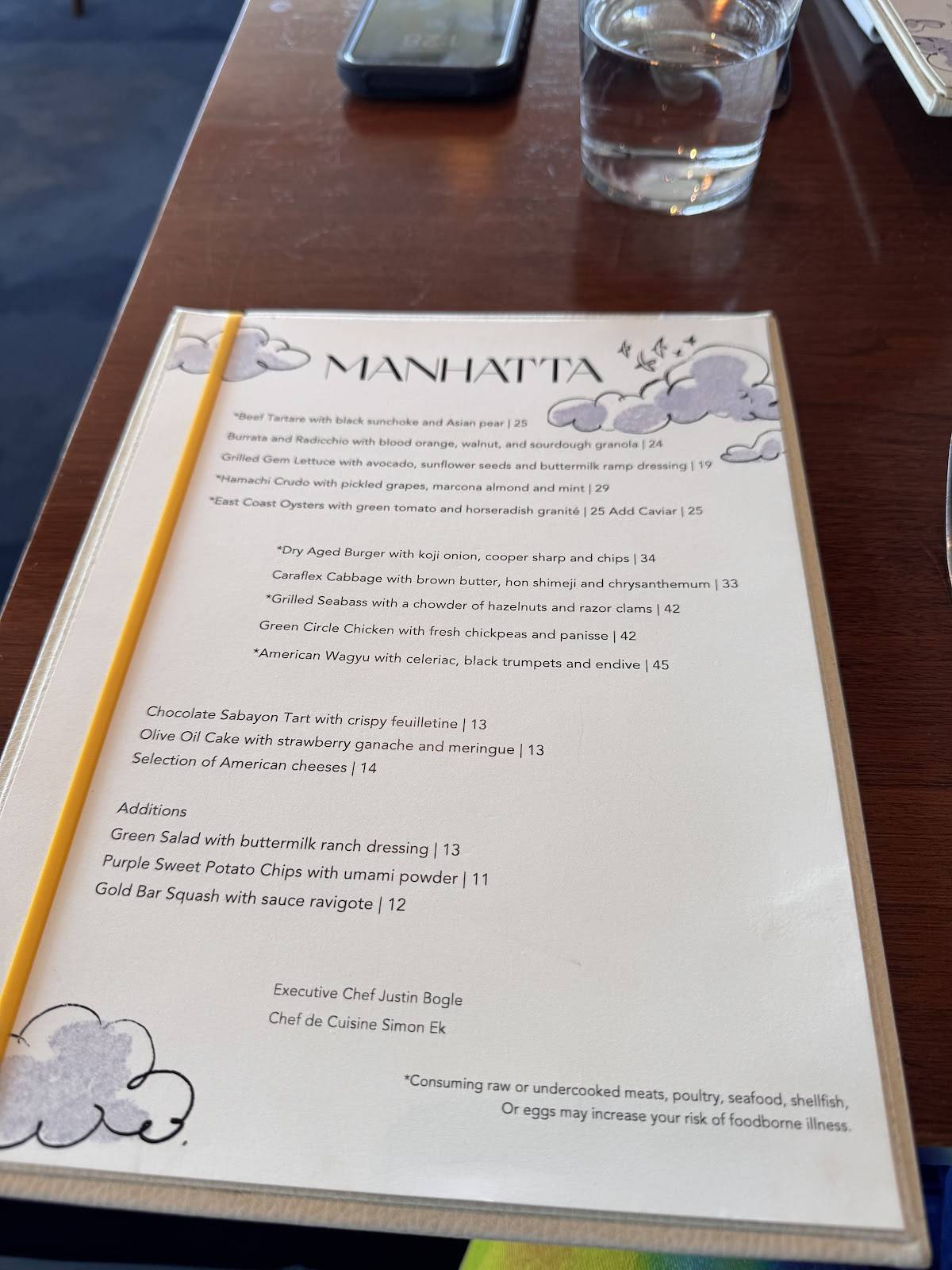Menu at Manhatta restaurant, New York City, 28 Liberty St 60th floor