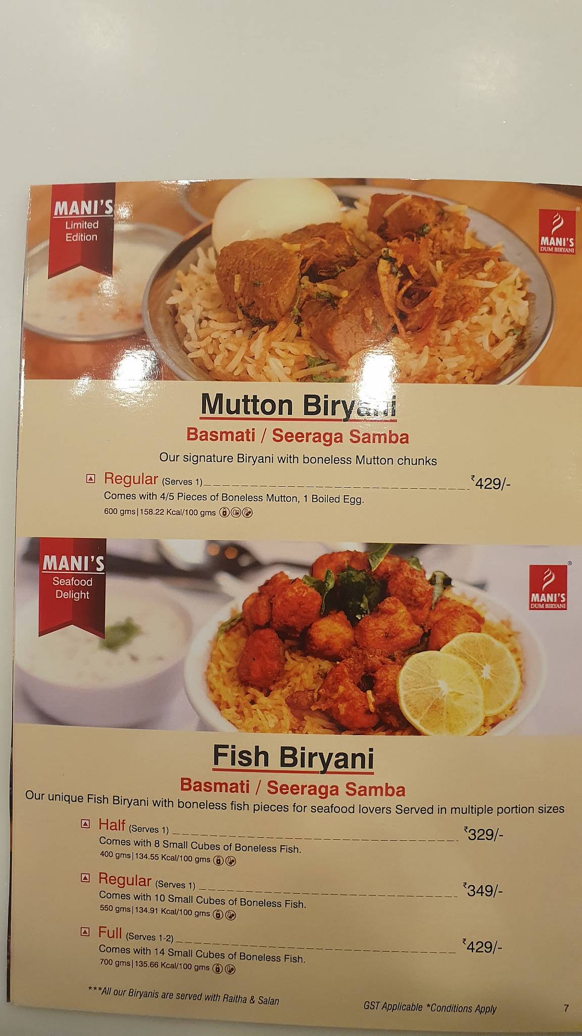 Menu at Mani's Dum Biryani - HRBR Layout, Bengaluru