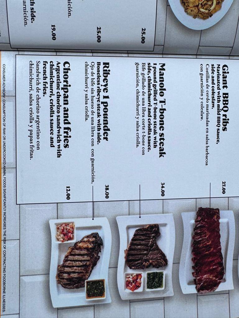 Menu at Manolo restaurant, Miami Beach, Collins Ave