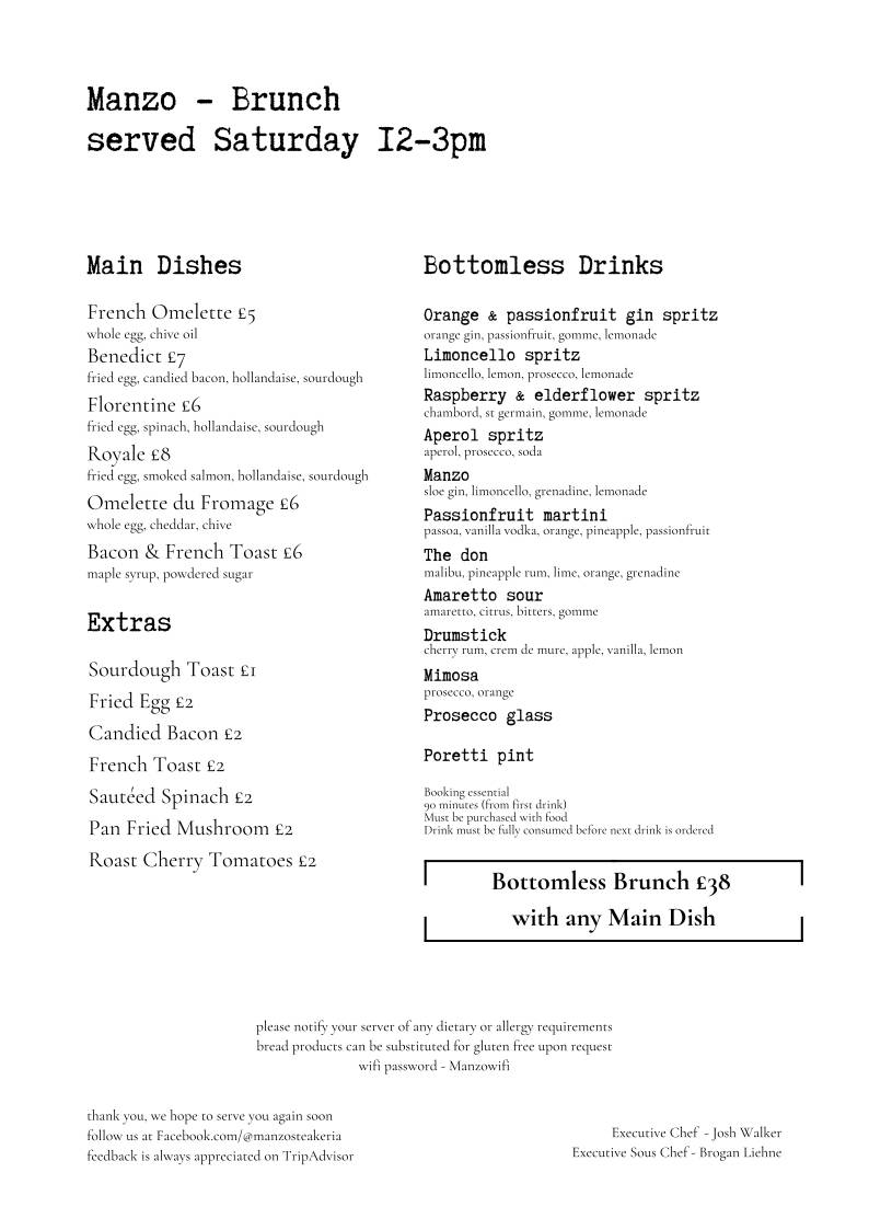 Menu at Manzo Bishop Auckland steakhouse, Bishop Auckland