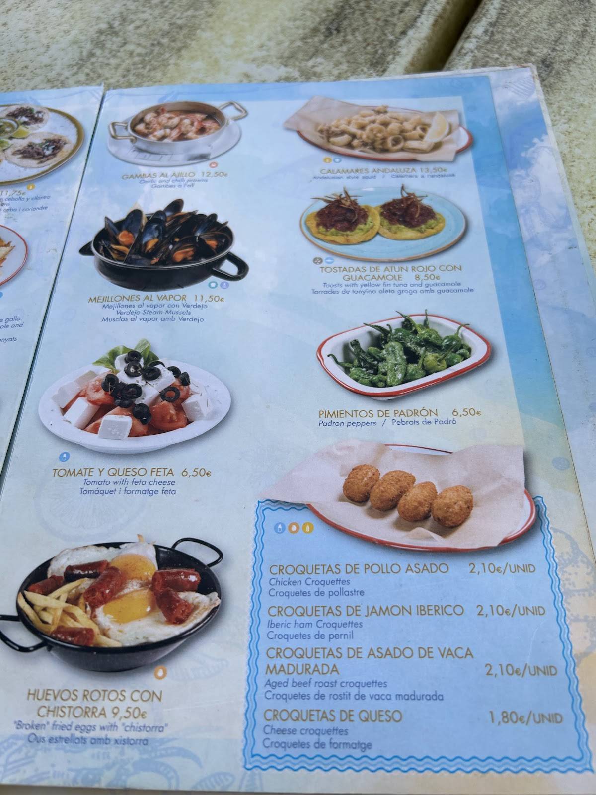 Menu at Mar beach restaurant bar, Barcelona