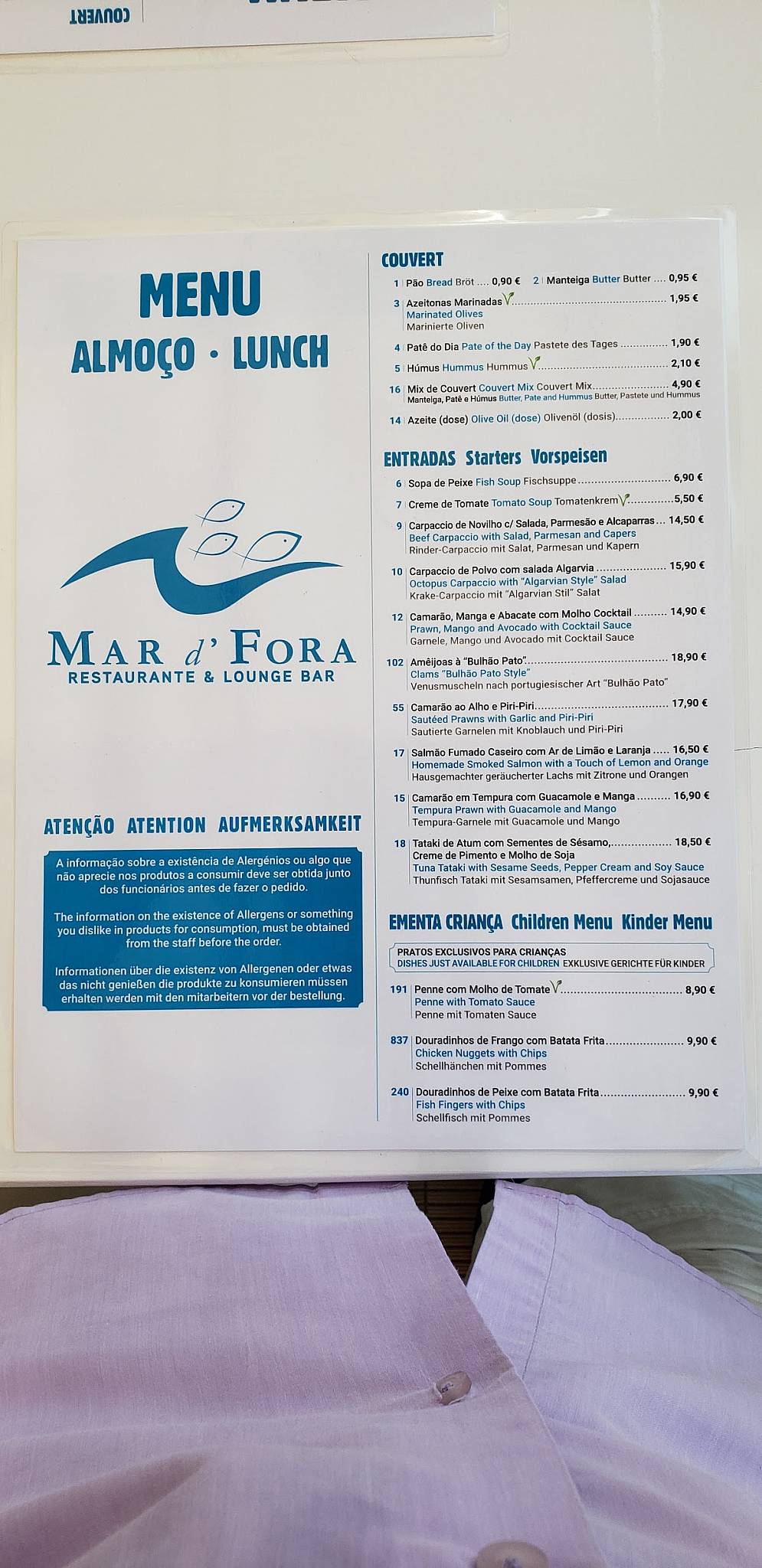 Menu at Mar d'Fora restaurant, Carvoeiro