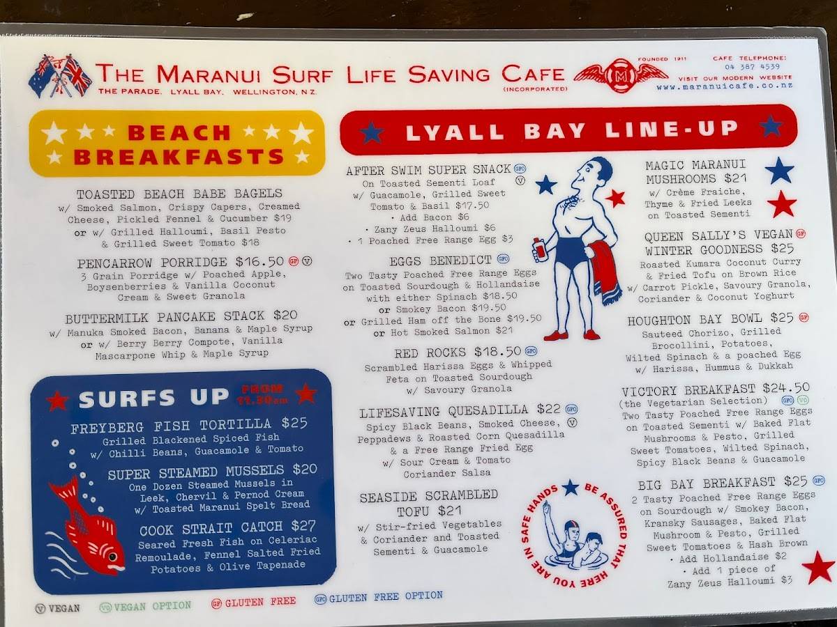 Menu at Maranui Cafe, Wellington