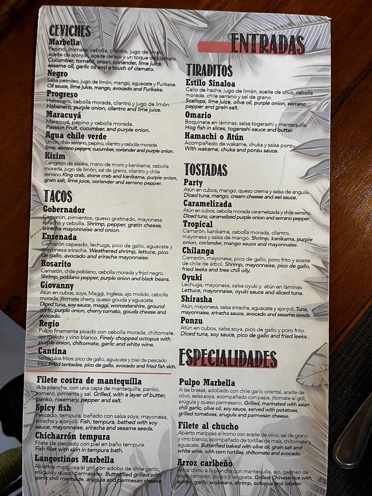 Menu at Marbella Fish Market and Raw Bar, Isla Mujeres