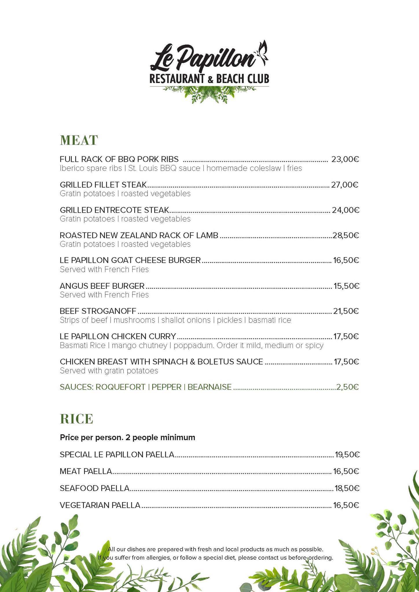 Menu at Le Papillon Restaurant & Beach Club Marbella, Marbella, Urb ...