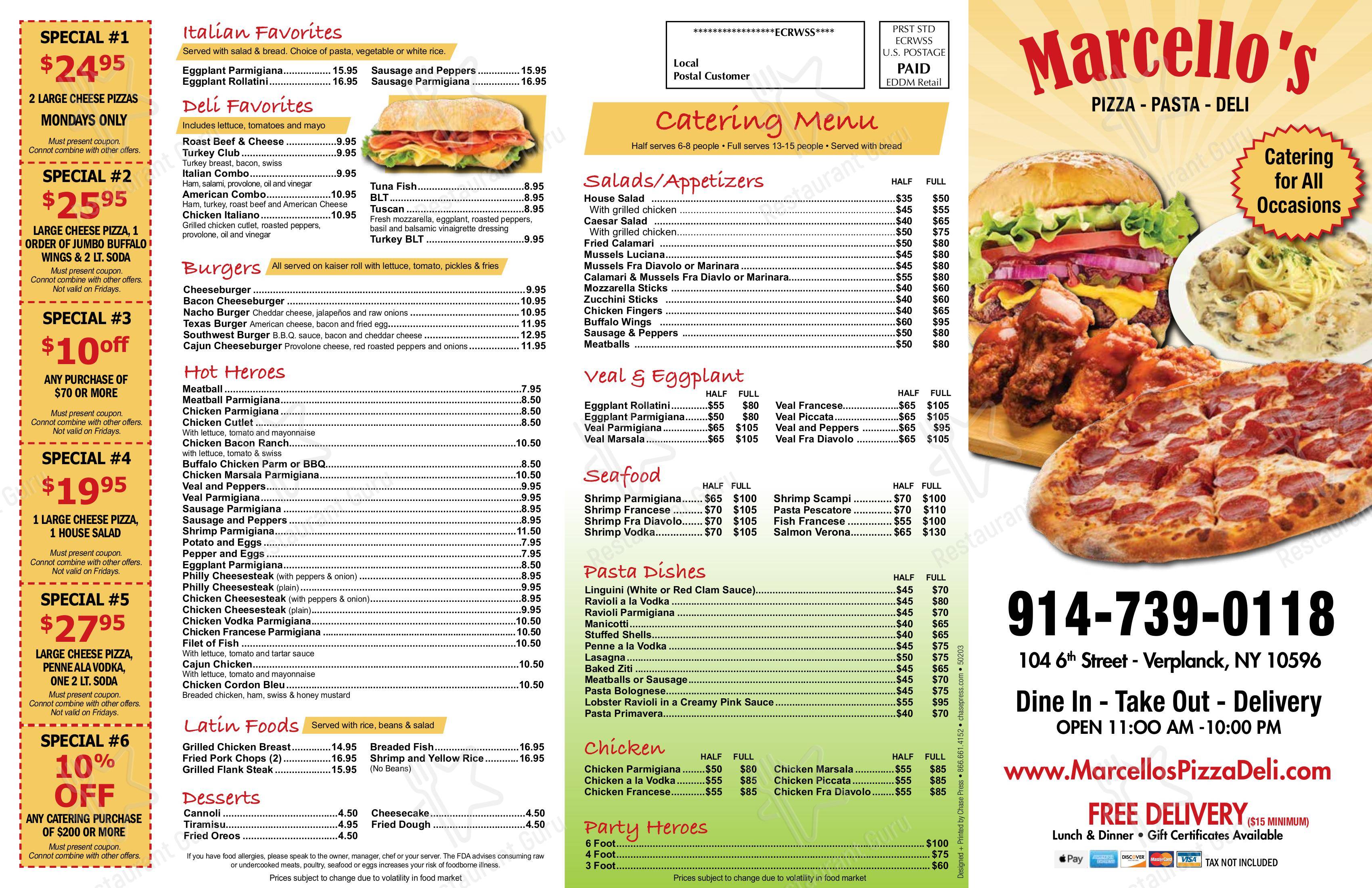 Menu at Marcello's pizzeria, Verplanck