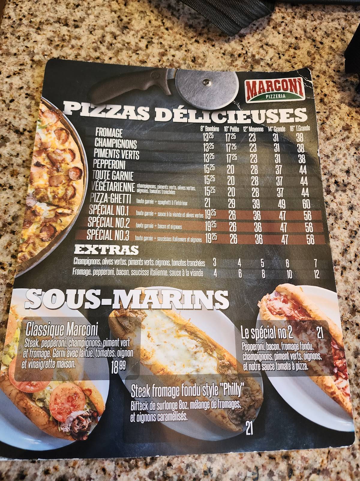 Menu au Pizzeria Marconi, Montréal, Rue Beaubien E