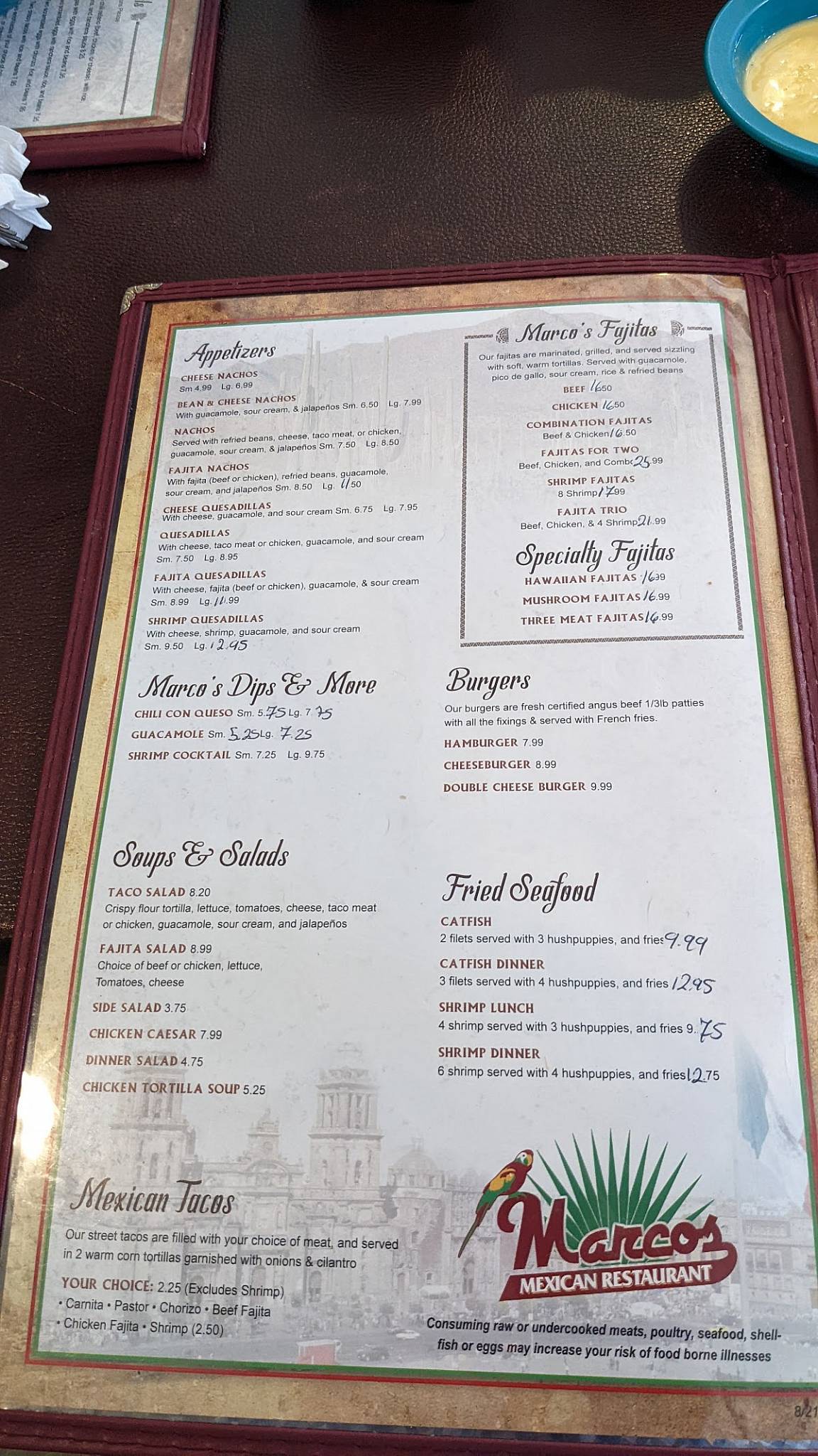 Menu at Marcos Mexican Restaurant, Antlers