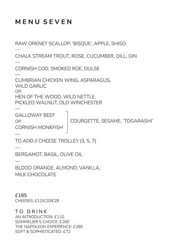 Menu at Marcus restaurant, London