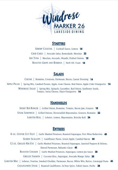 Menu at Windrose Marker 26 Lakeside Dining steakhouse, Osage Beach