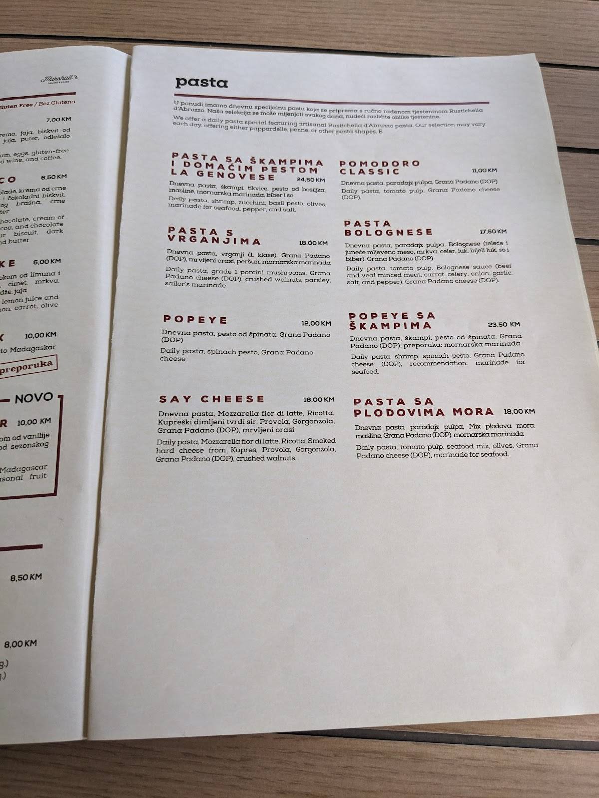 Menu at Margherita restaurant, Sarajevo, Kranjčevićeva 33