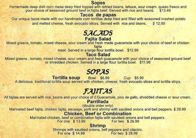 Menu at Maria Cuca's Mexican Cuisine restaurant, Keller