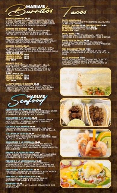Menu at Maria's Cocina Mexicana restaurant, Sulphur