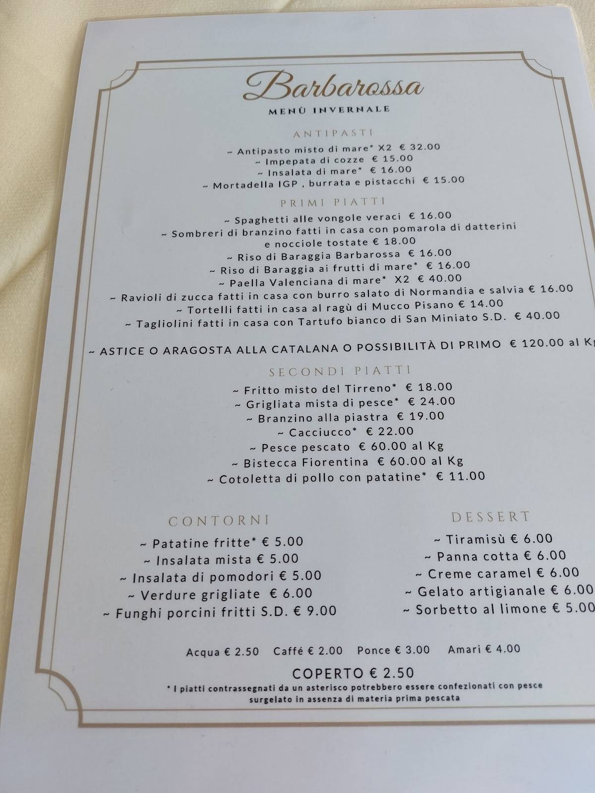 Menu da Barbarossa, Marina di Pisa