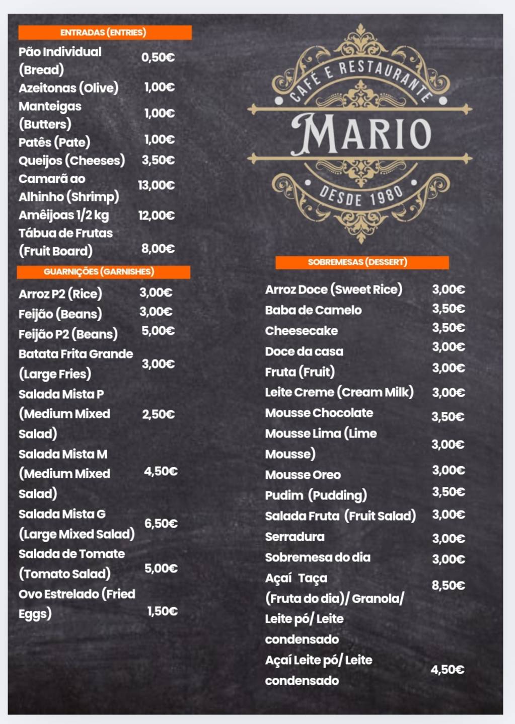 Menu em Mário - Café Restaurante, Comporta