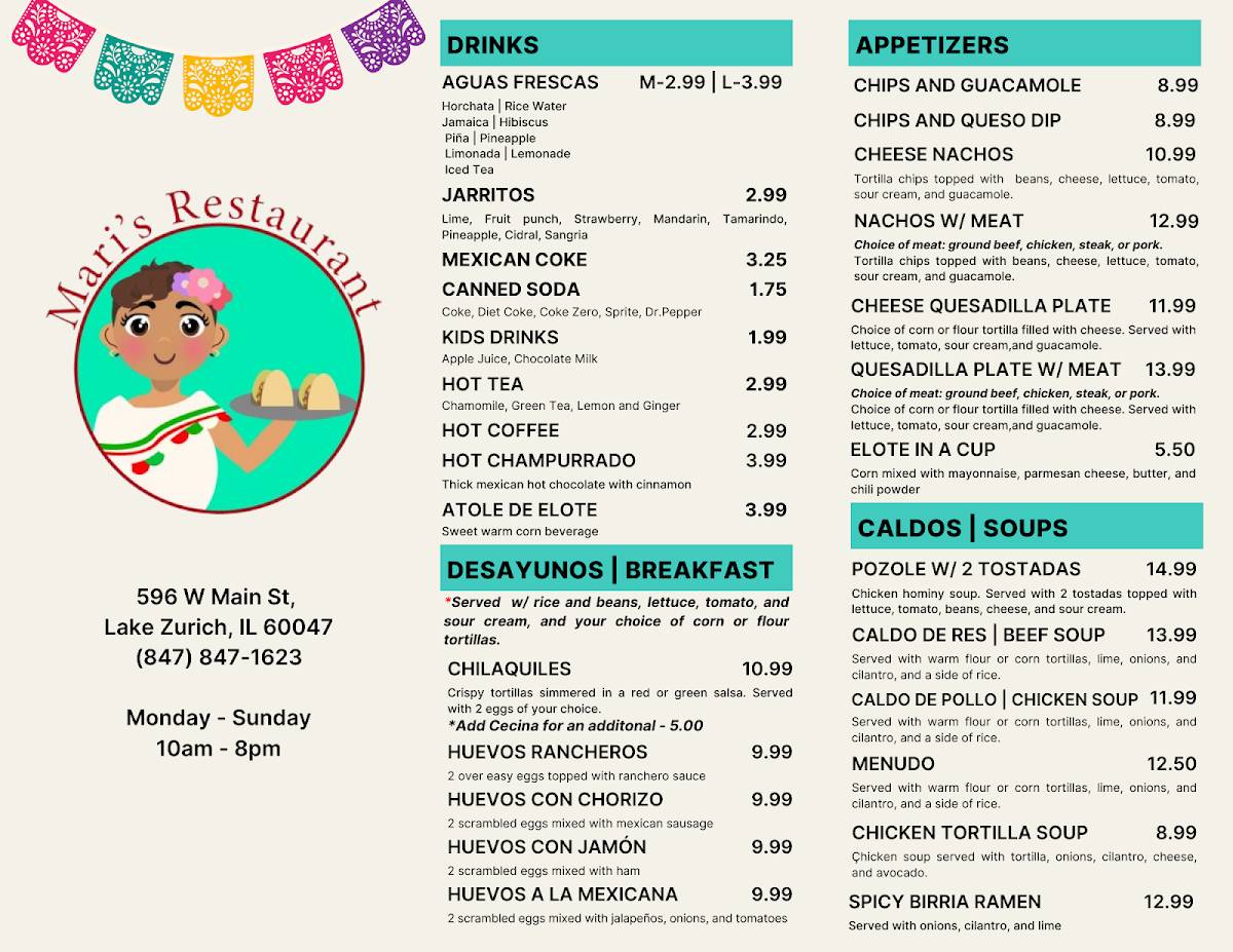 Menu at Mari's restaurant, Lake Zurich