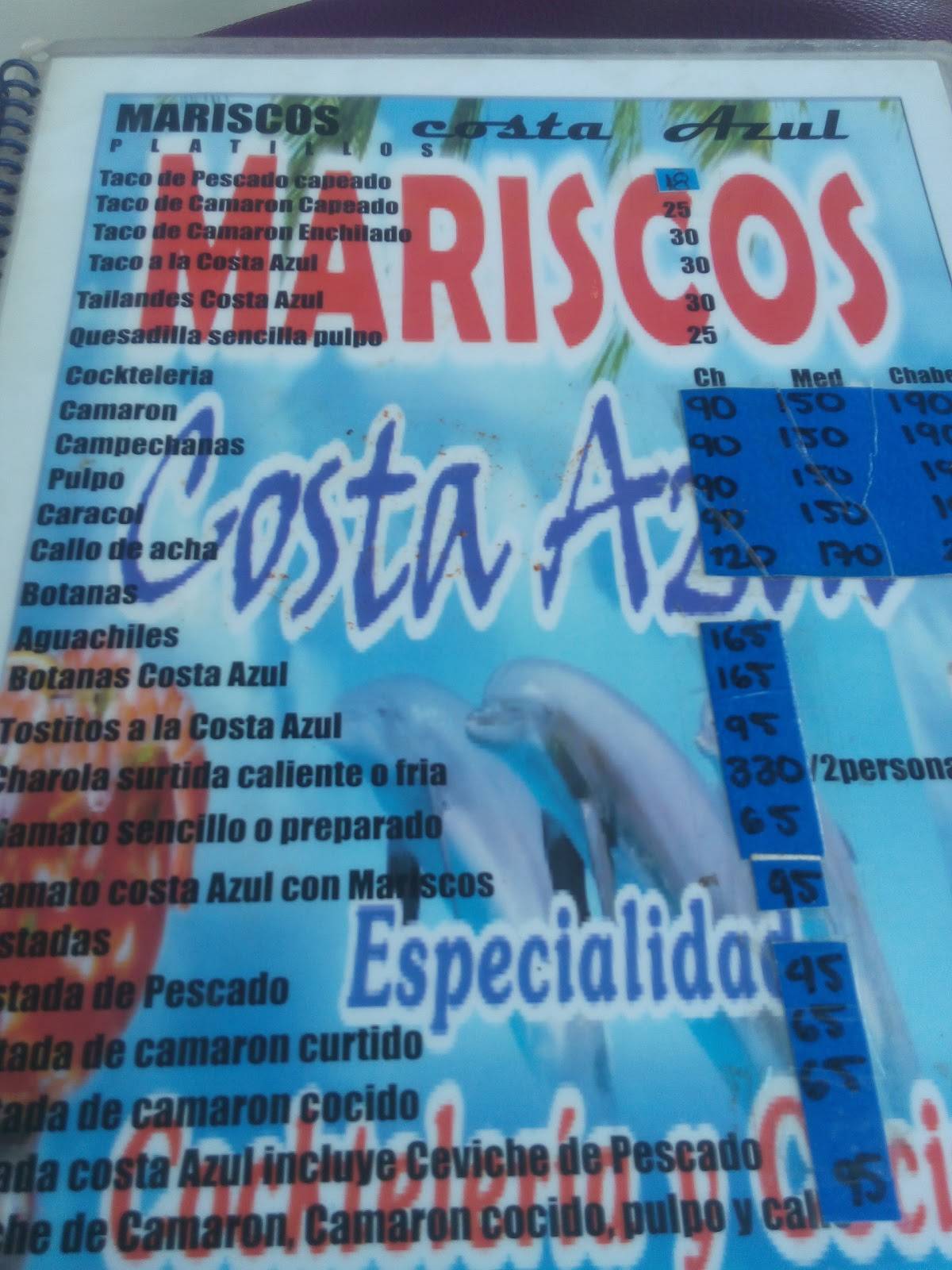 Menu at Mariscos Costa Azul restaurant, Mexicali