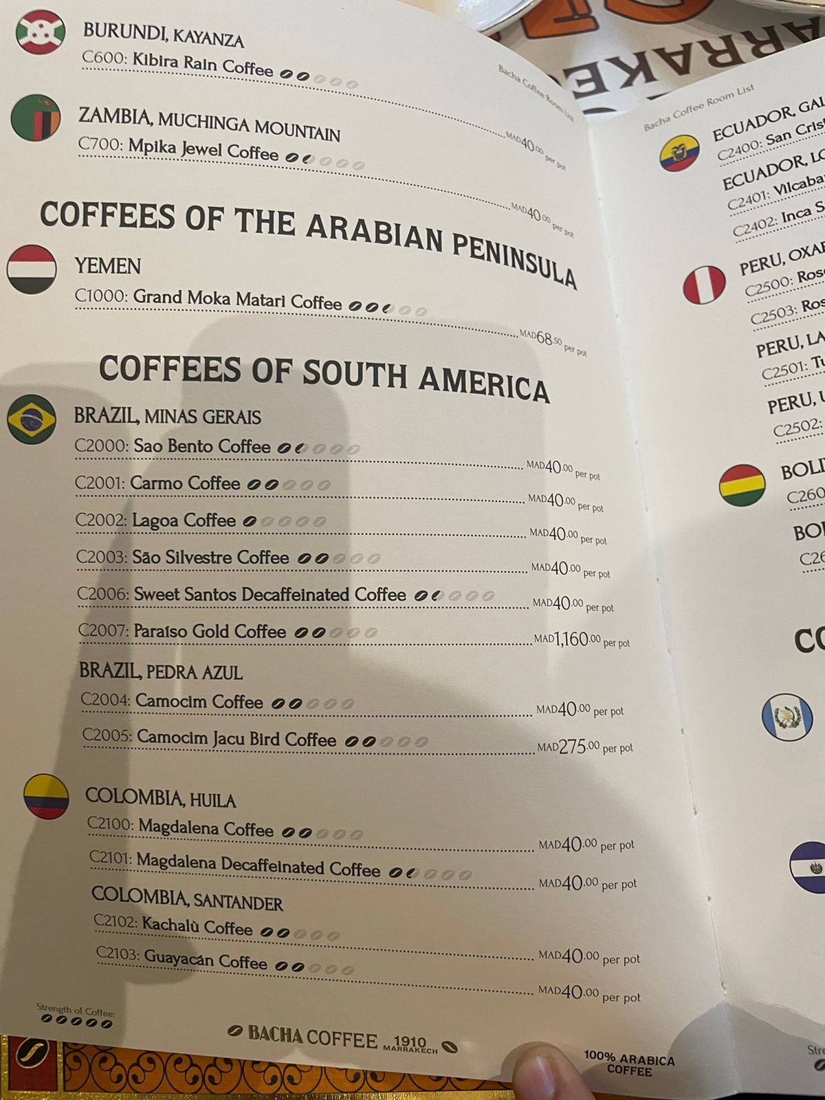 Menu at Bacha Coffee cafe, Marrakesh