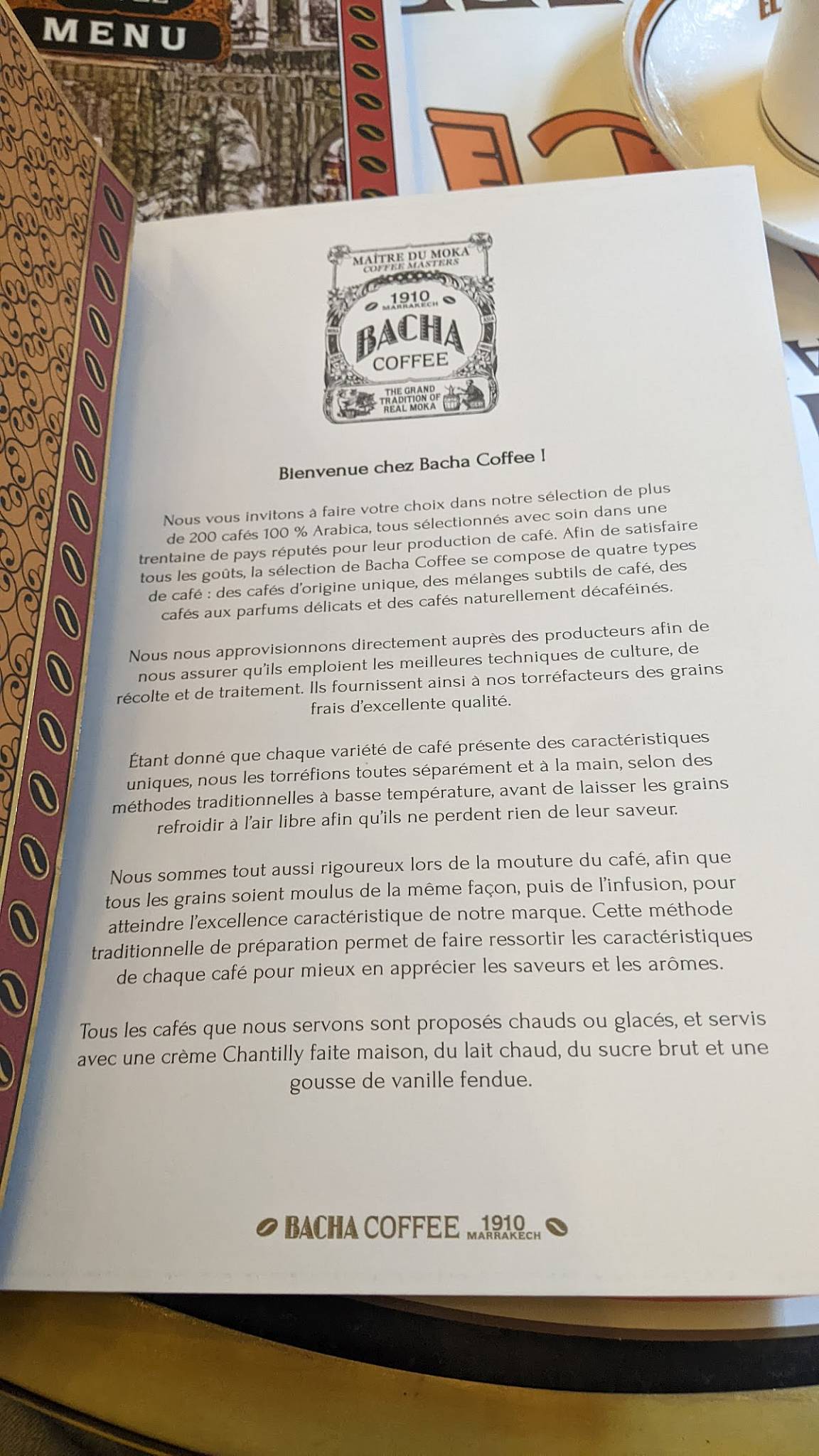 Menu at Bacha Coffee cafe, Marrakesh