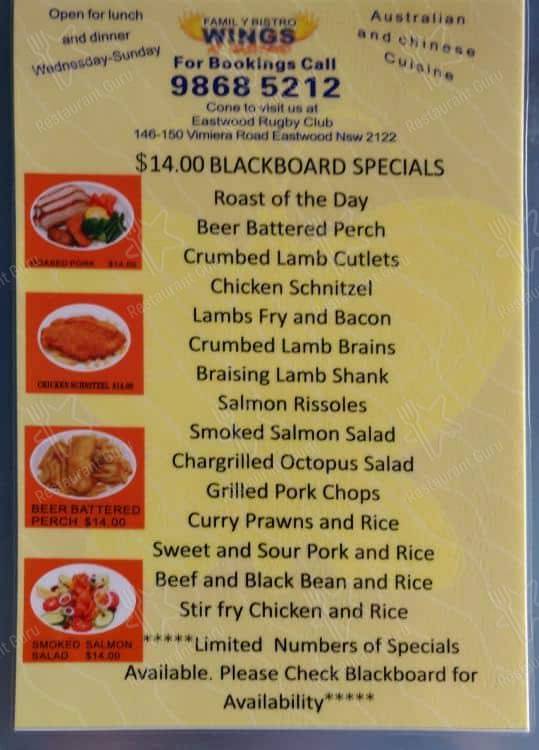 Menu at Wings, Marsfield
