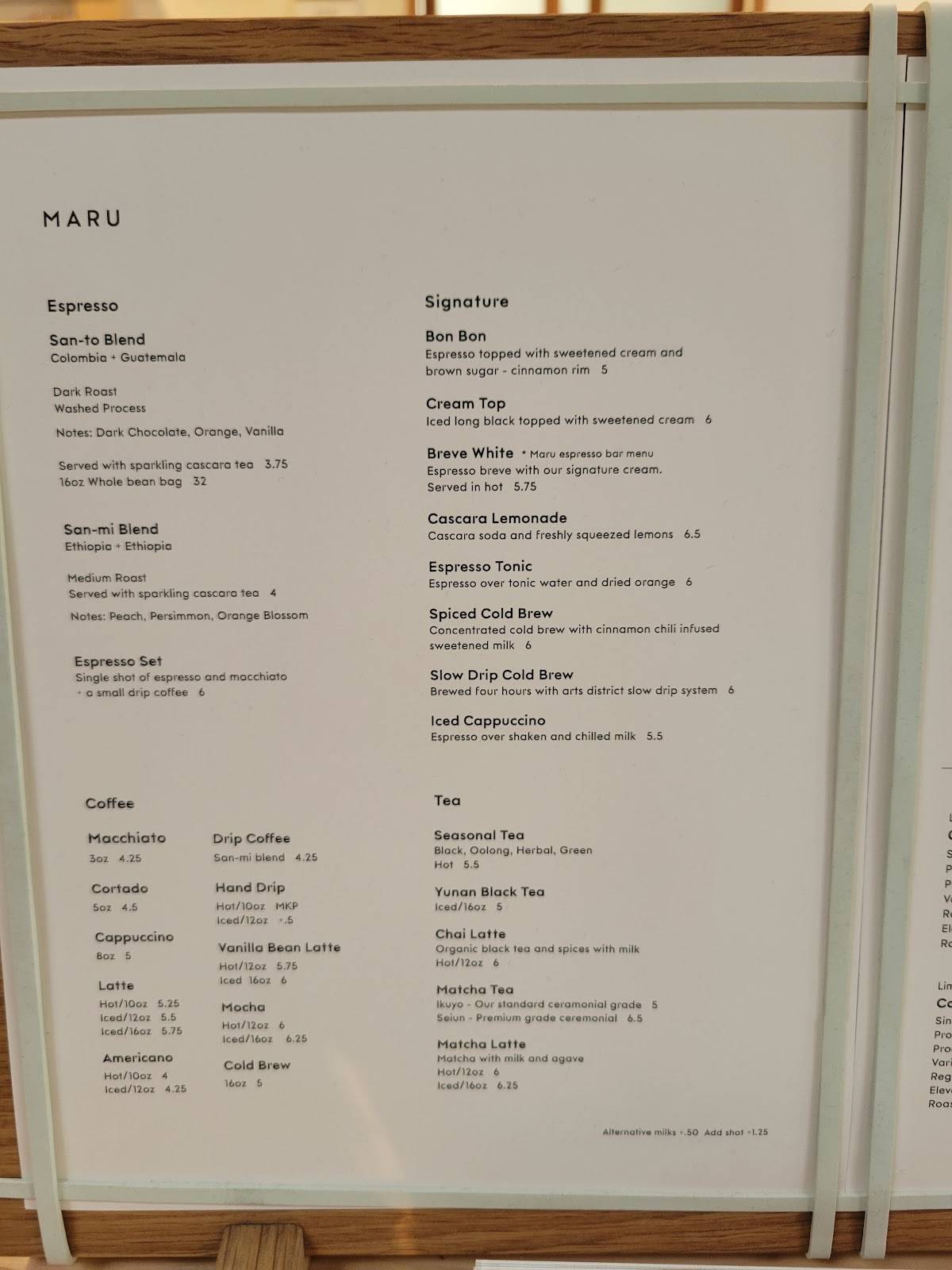Menu at Maru Coffee cafe, Los Angeles, S Santa Fe Ave