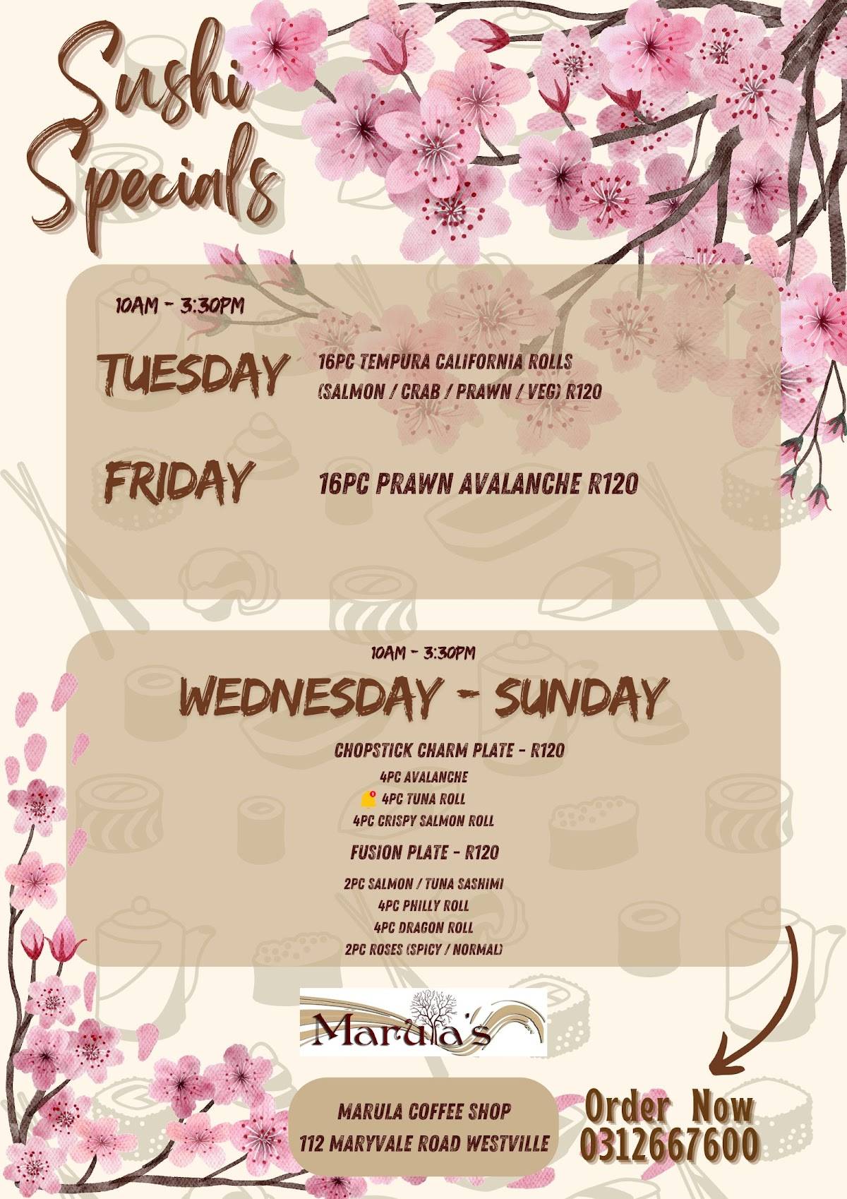Menu at Marula Coffee Shop restaurant, Durban