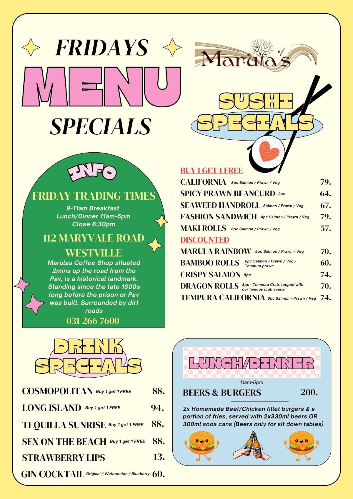 Menu at Marula Coffee Shop restaurant, Durban