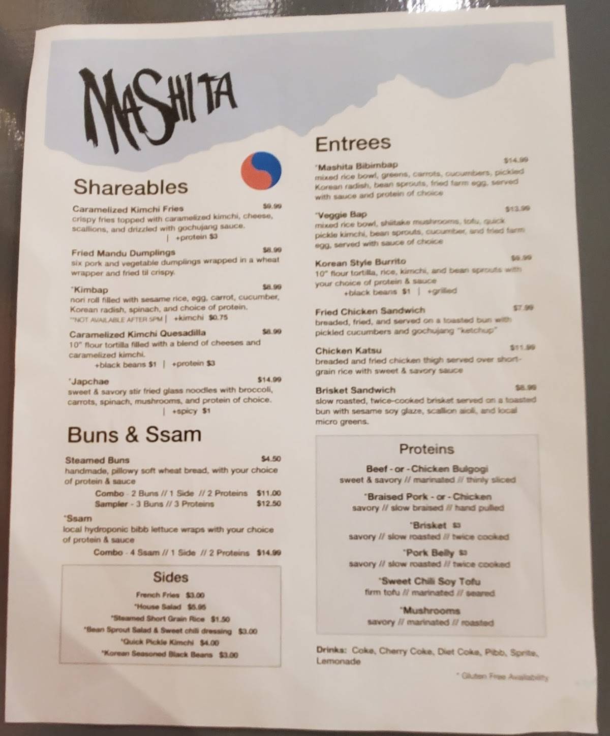 Menu at Mashita restaurant, Harrisonburg, 105 N Liberty St
