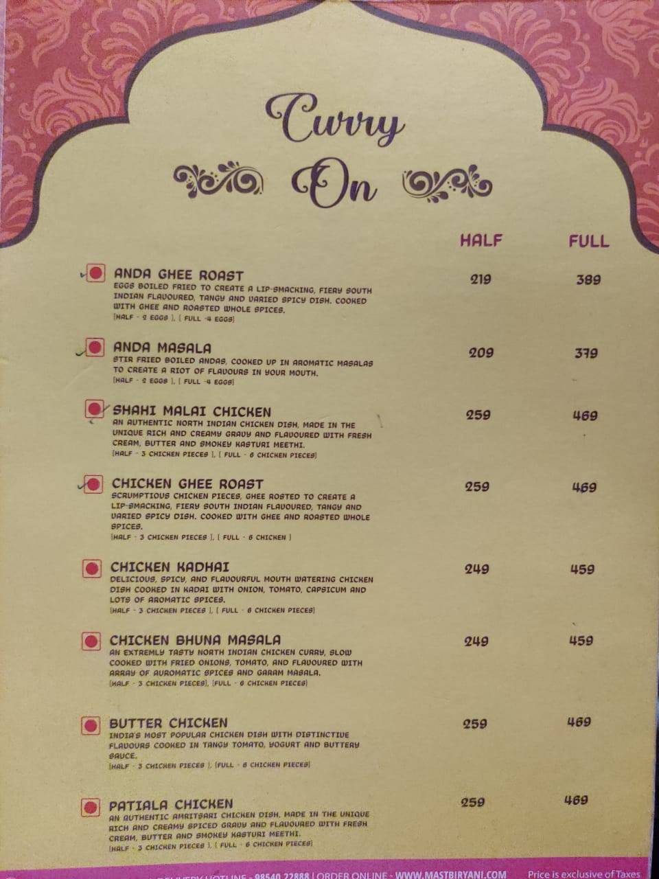 Menu at Mast Biryani, Bhatemora Gaon
