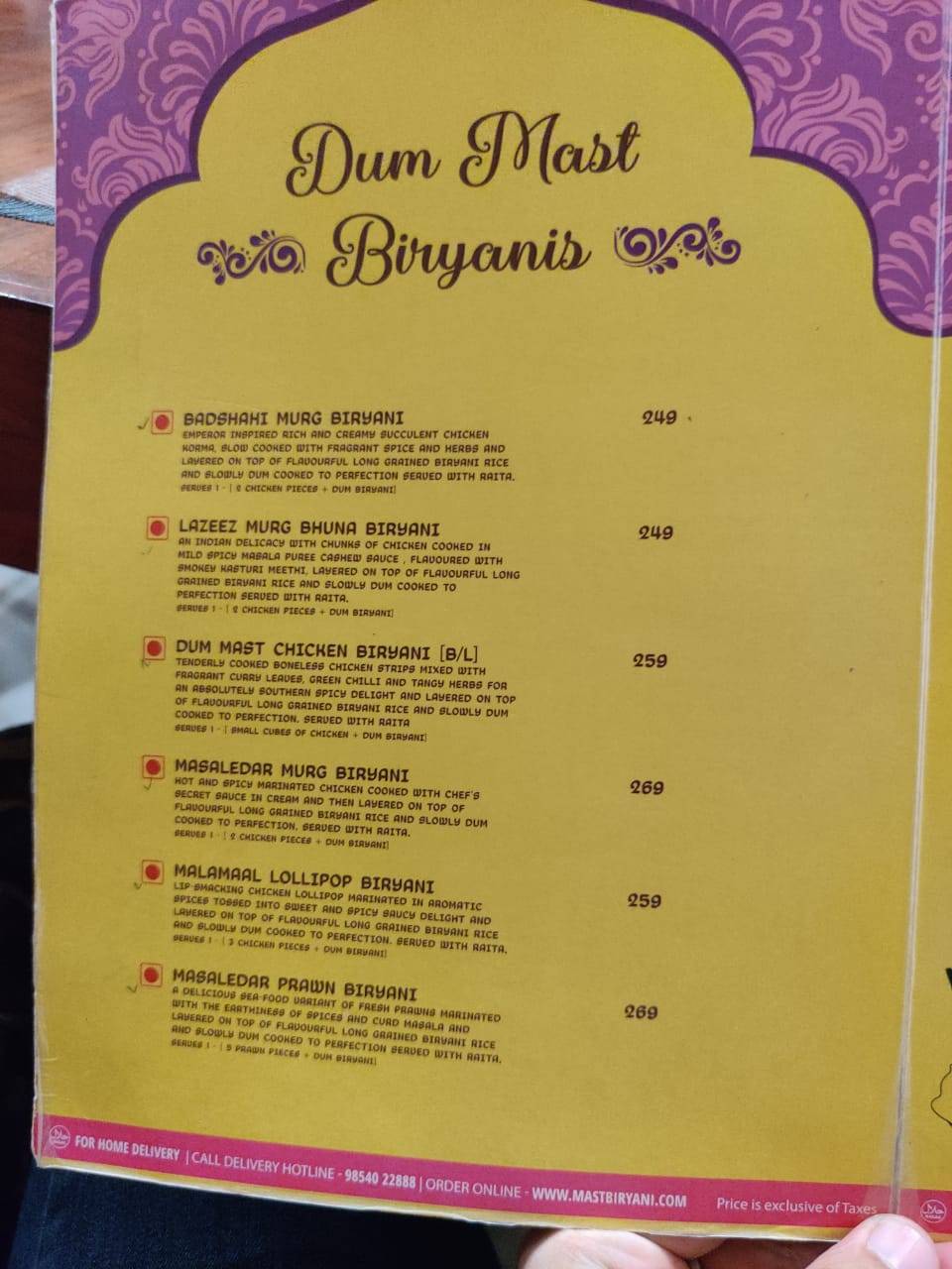 Menu at Mast Biryani, Bhatemora Gaon