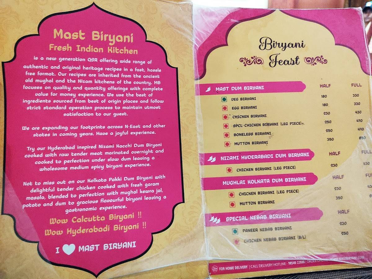 Menu at Mast Biryani, Bhatemora Gaon