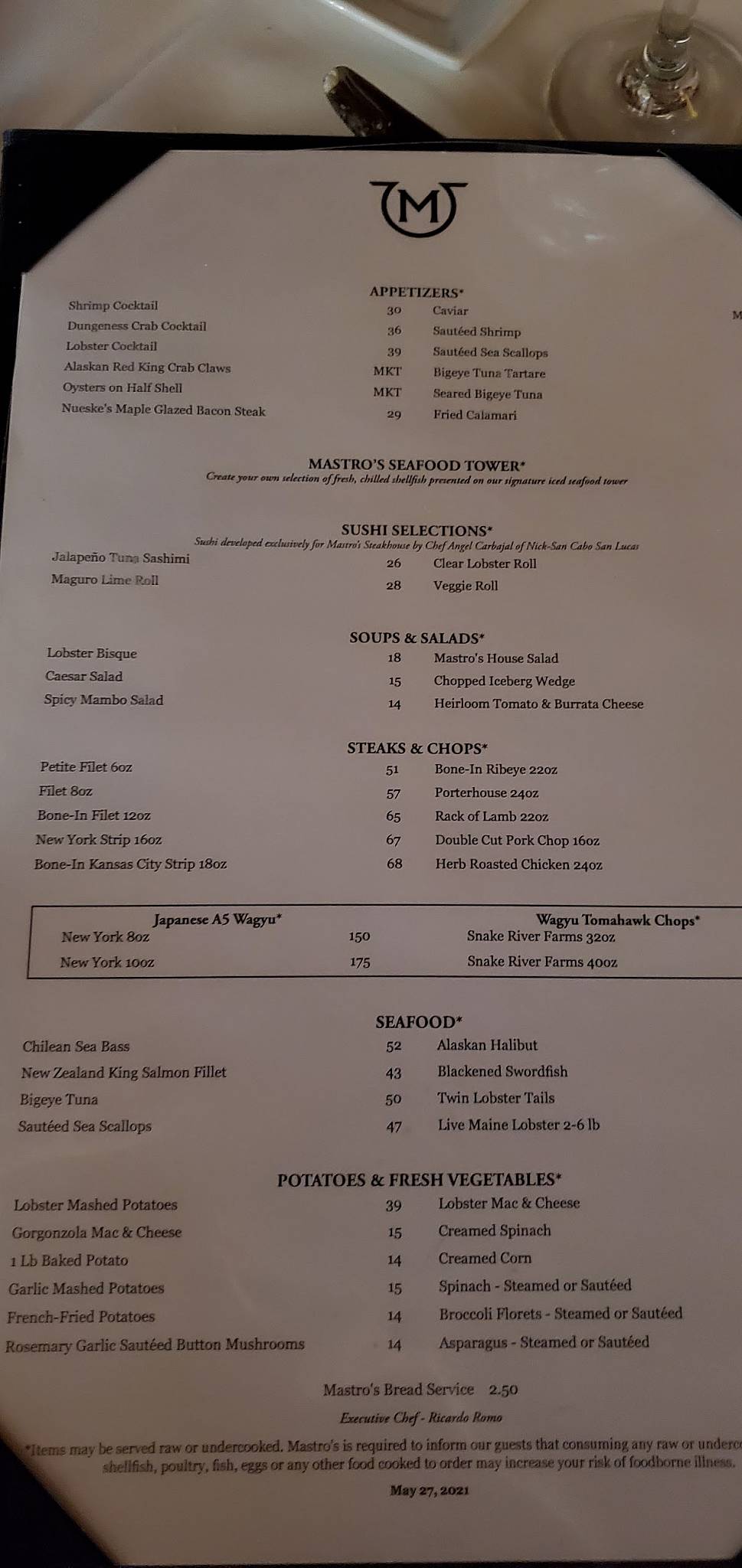 Menu at Mastro's Ocean Club, Las Vegas