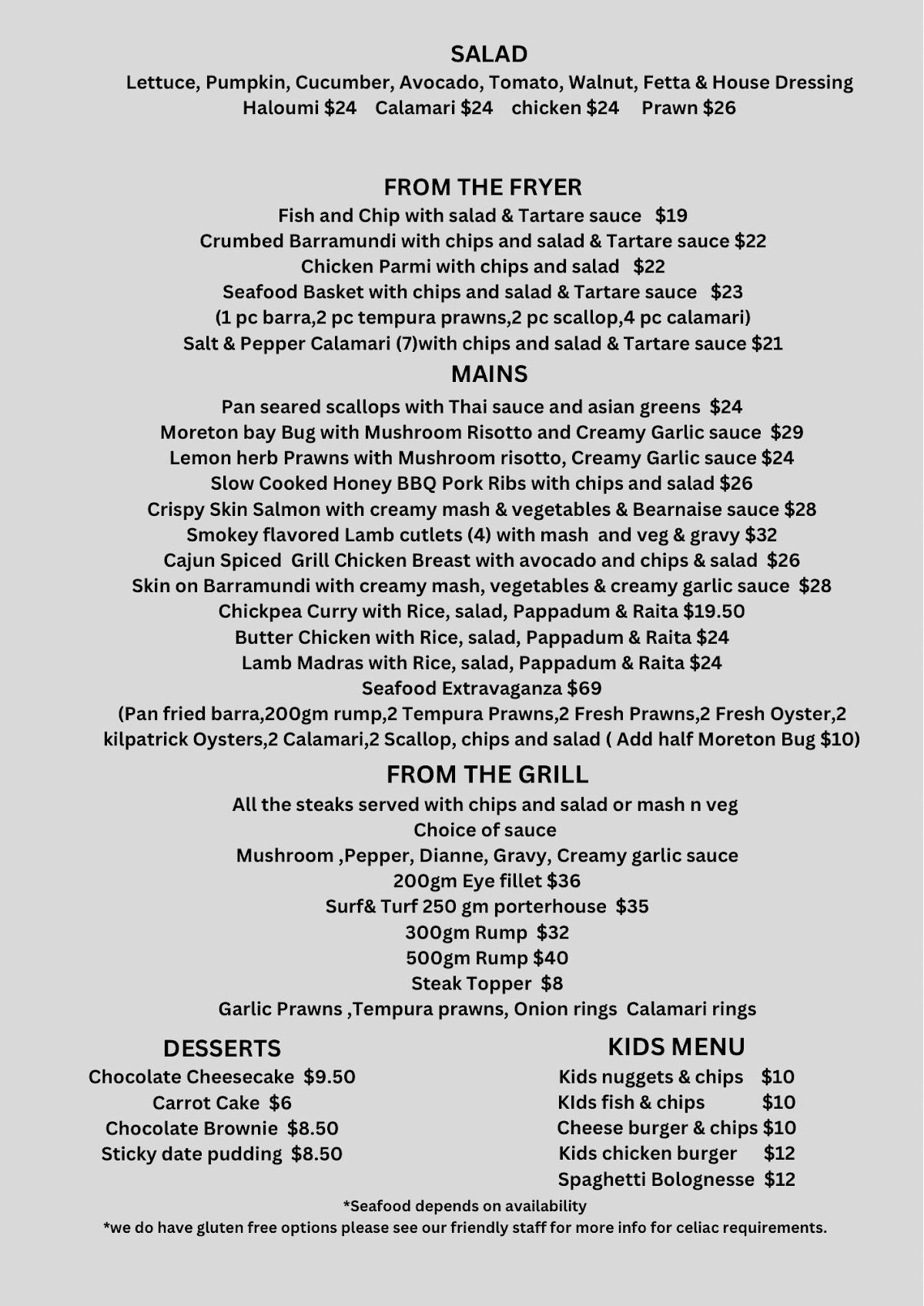 Menu at Mate’s restaurant and bar, Wynnum