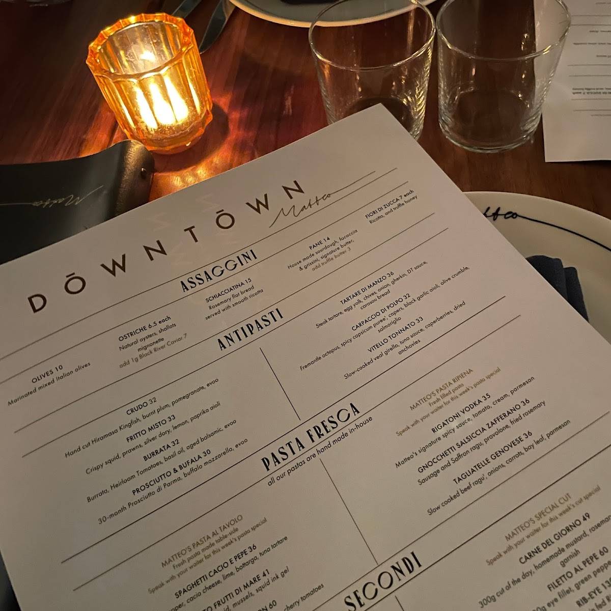 Menu at Matteo Downtown restaurant, Sydney