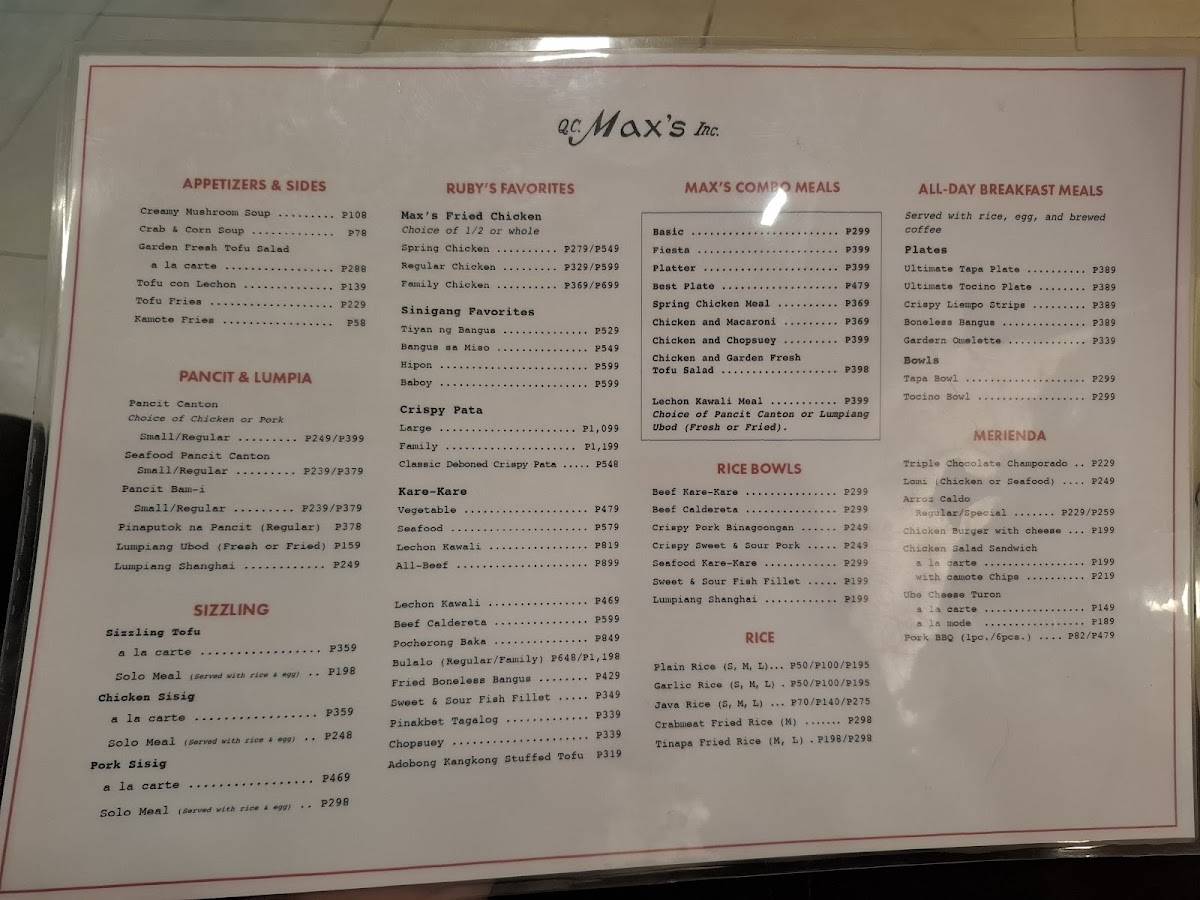Menu at Max’s Restaurant, Bacolod, North Wing Reclamation Area SM Bacolod