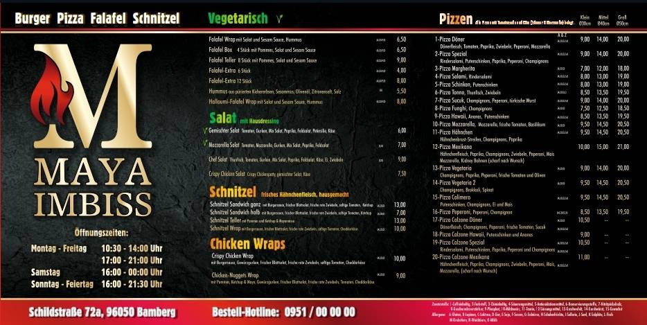 Menu at Maya Imbiss restaurant, Bamberg