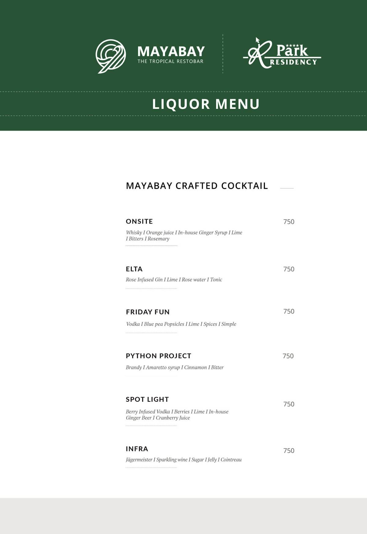 Menu at Mayabay : The Tropical Restobar, Kochi