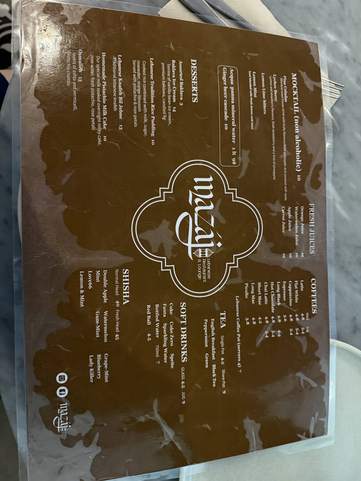 Carta de Mazaj Lebanese Restaurant & Lounge Forest Hill, Forest Hill