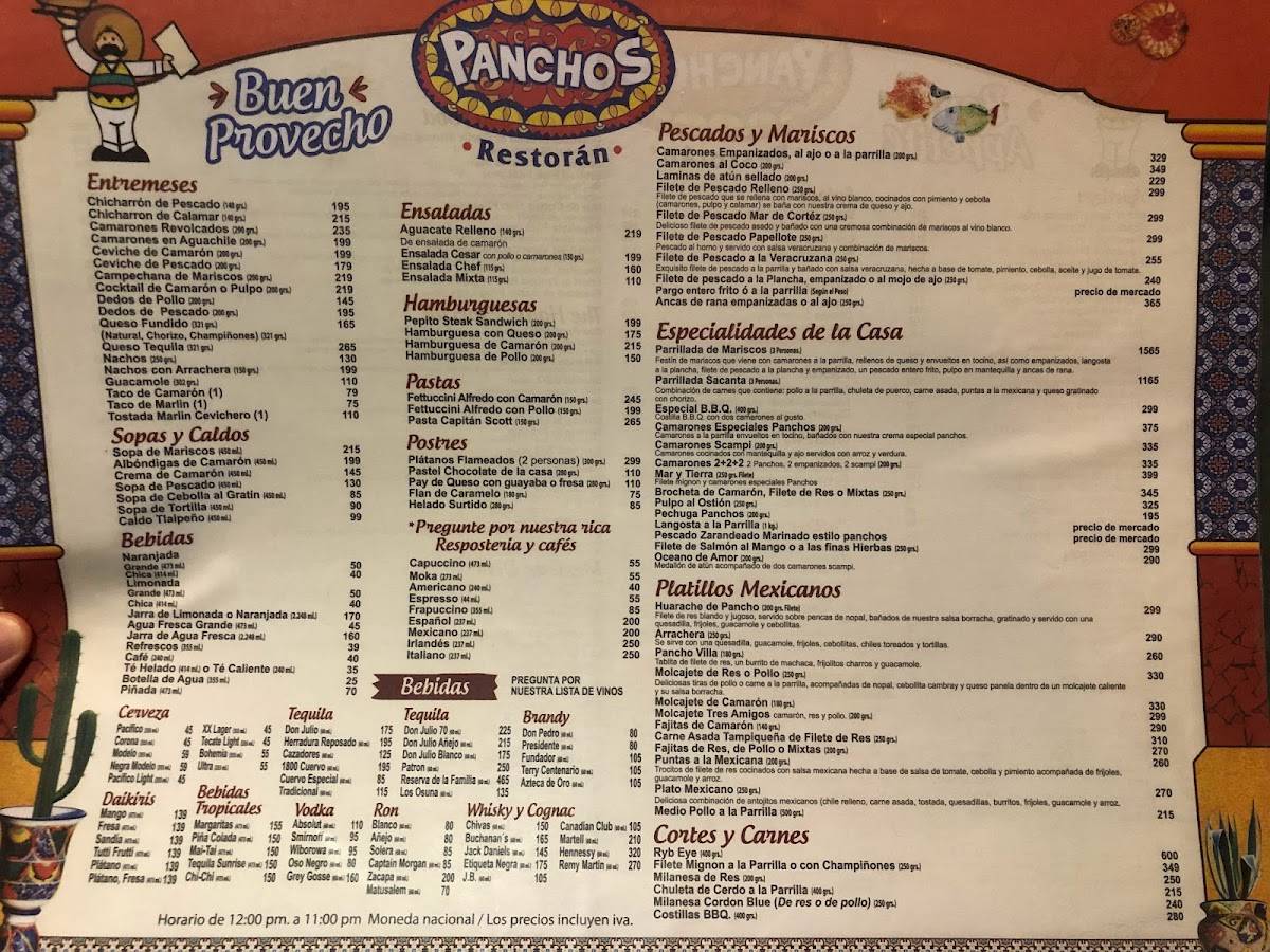 Carta de Restaurant Panchos, Mazatlán, Av. Camaron Sabalo 1614-B