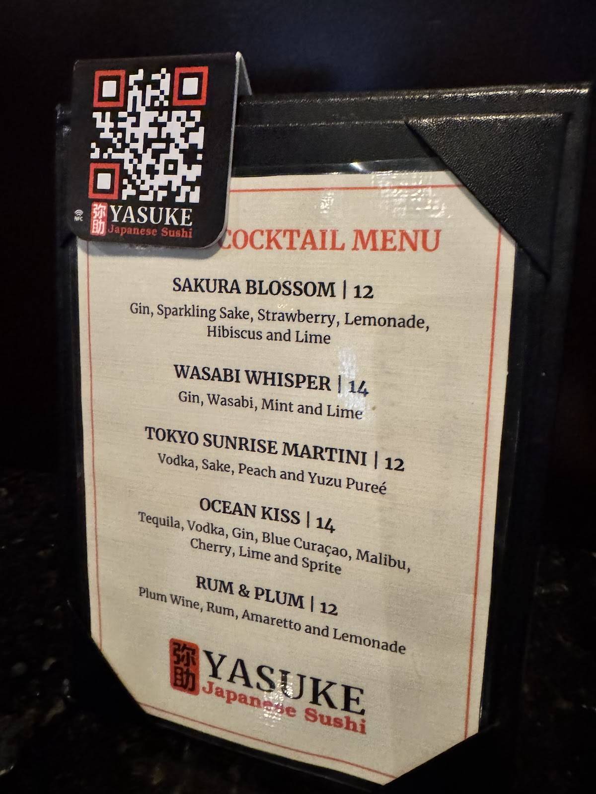 Menu at Yasuke Japanese Sushi restaurant, McAllen