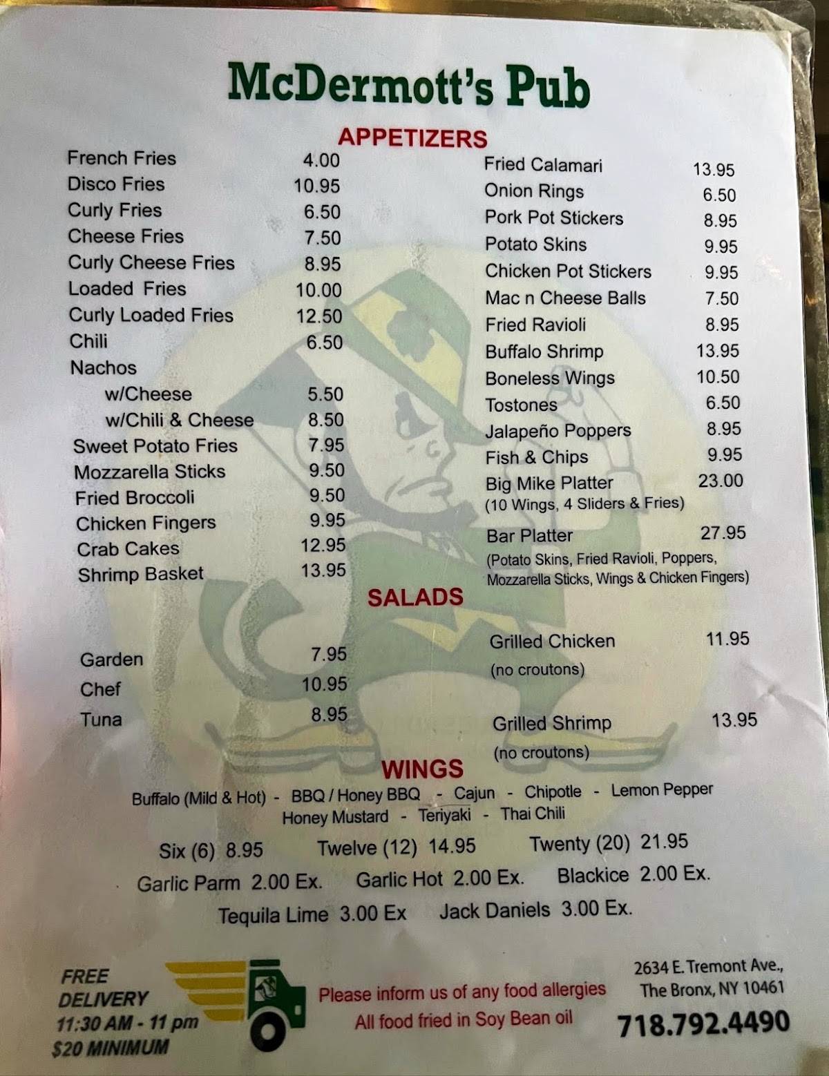 Menu at McDermott's Pub, New Rochelle