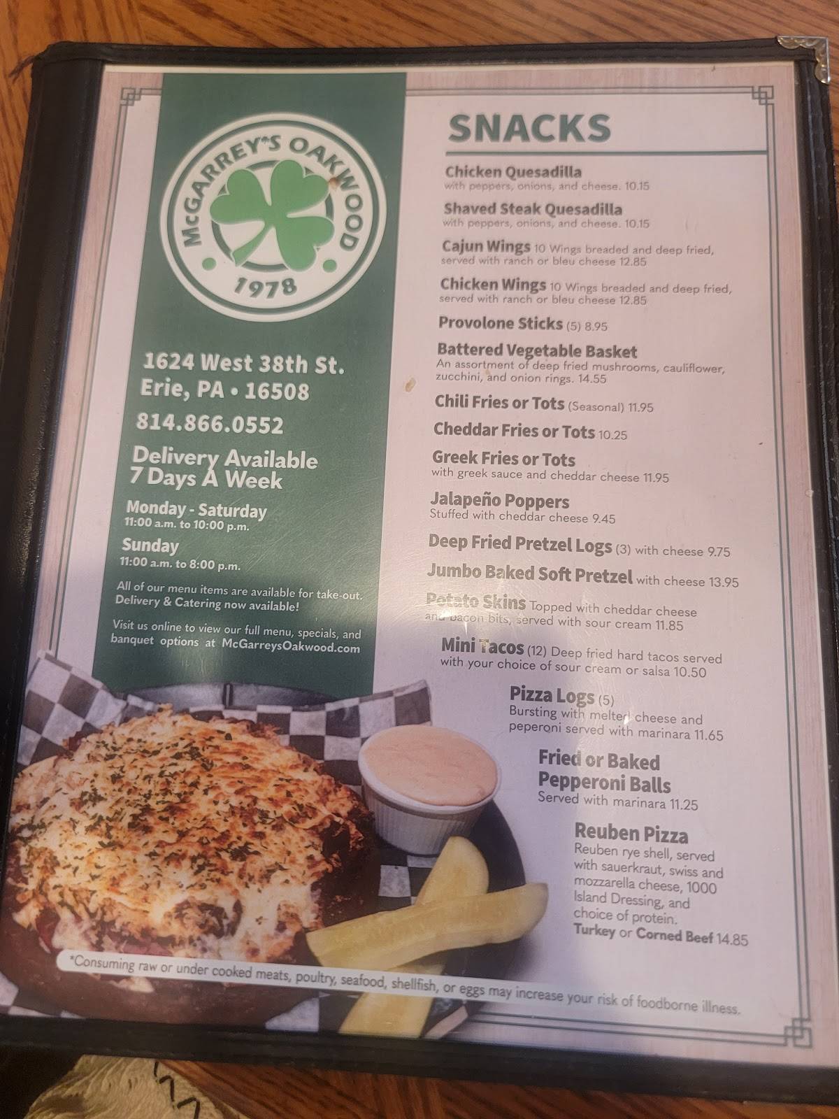 Menu at McGarrey's Oakwood Cafe, Erie
