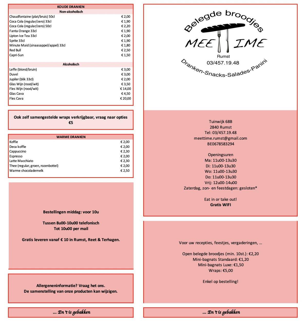 Menu at Meettime restaurant, Rumst, 68/B