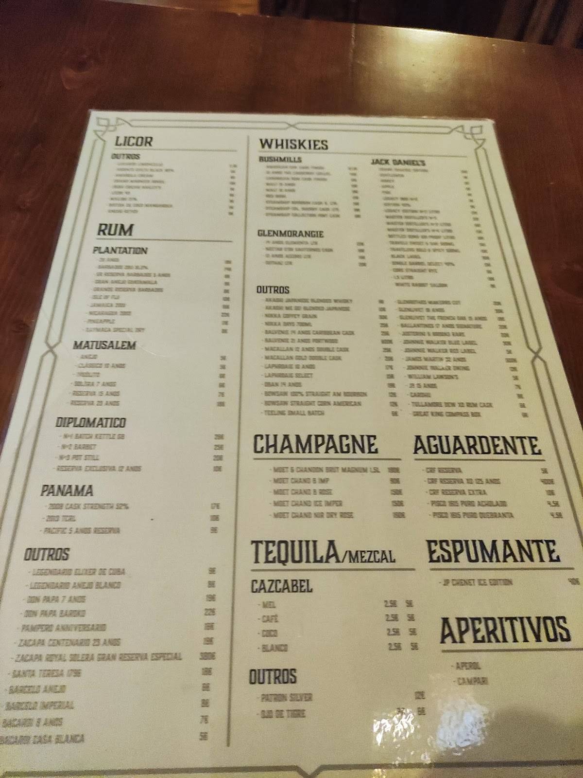Menu em Memórias nas Caldas pub & Bar, Chaves