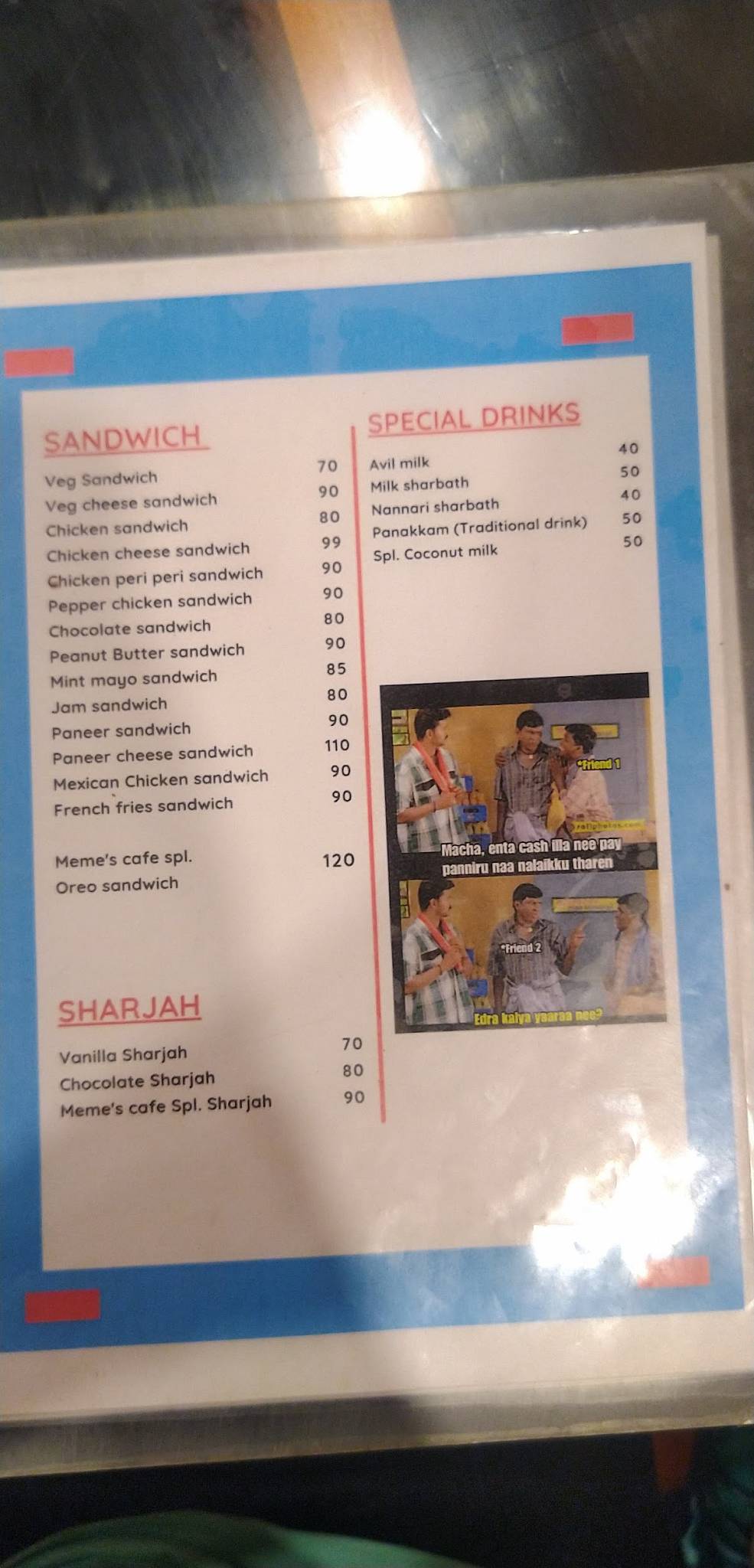 Menu at Memes cafe, Coimbatore